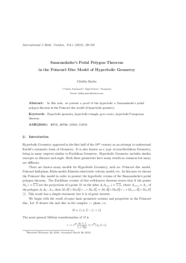 (PDF) Smarandache's Pedal Polygon Theorem in the Poincare Disc Model of Hyperbolic Geometry