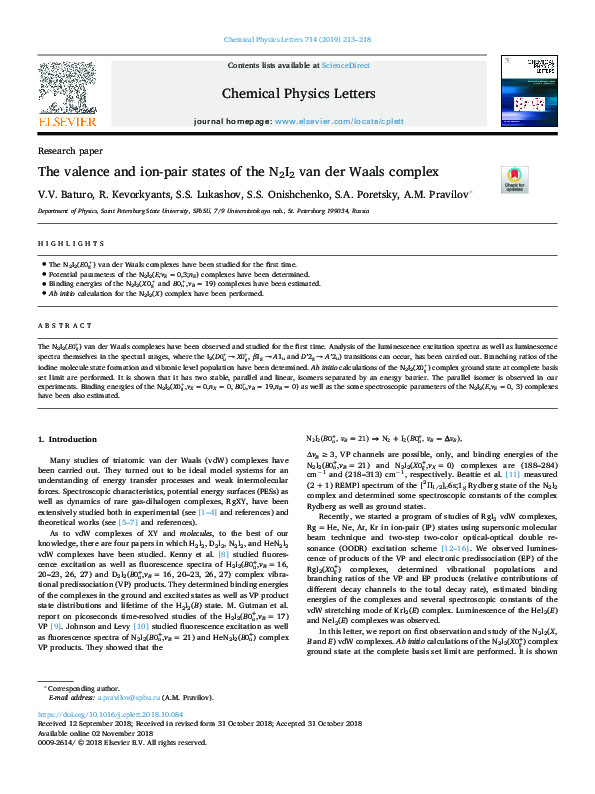 (PDF) The valence and ion-pair states of the N2I2 van der Waals complex