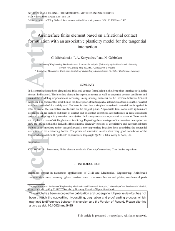 Pdf An Interface Finite Element Based On A Frictional Contact Formulation With An Associative