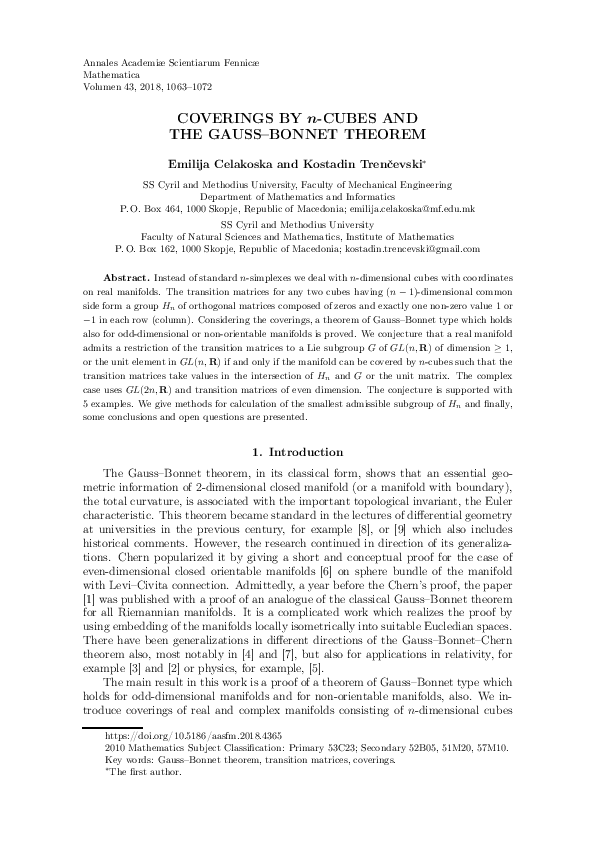 (PDF) Coverings by n-cubes and the Gauss–Bonnet theorem | Emilija ...