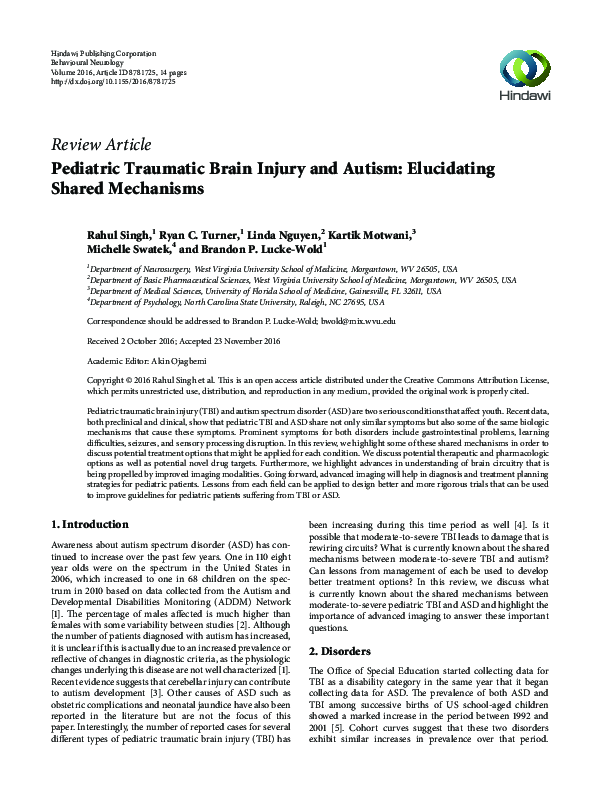 (PDF) Pediatric Traumatic Brain Injury and Autism: Elucidating Shared ...