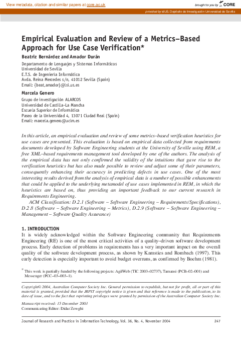 Pdf Empirical Evaluation And Review Of A Metrics Based Approach For Use Case Verification