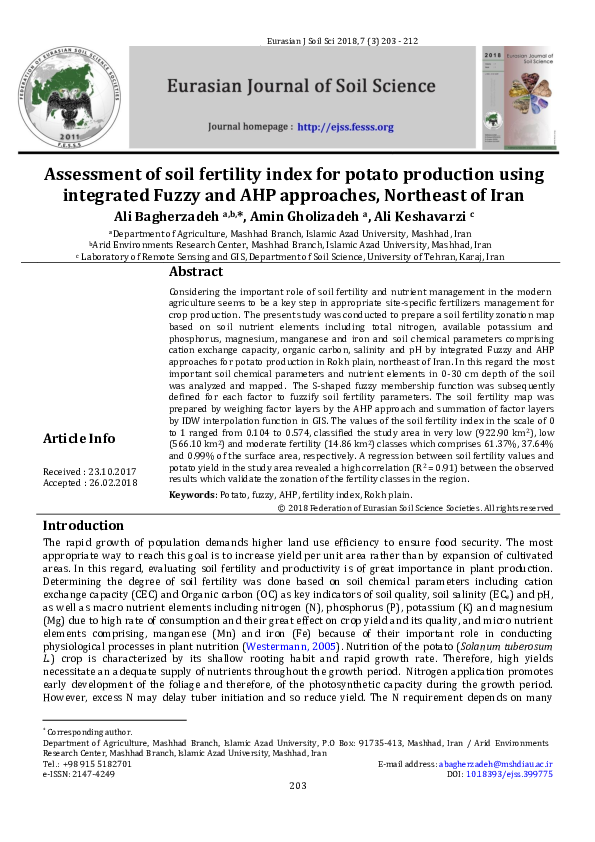 (PDF) Assessment of soil fertility index for potato production using integrated Fuzzy and AHP ...