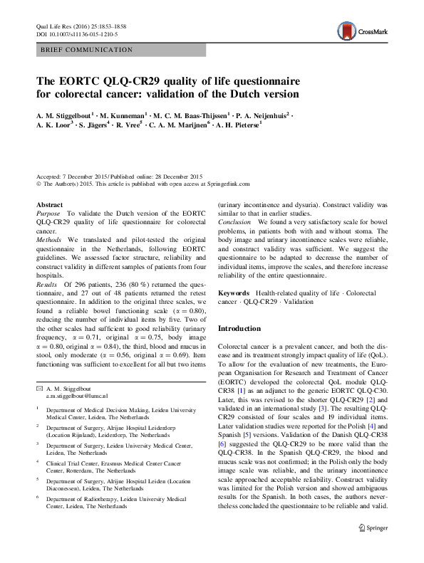 (PDF) The EORTC QLQ-CR29 quality of life questionnaire for colorectal cancer: validation of the ...