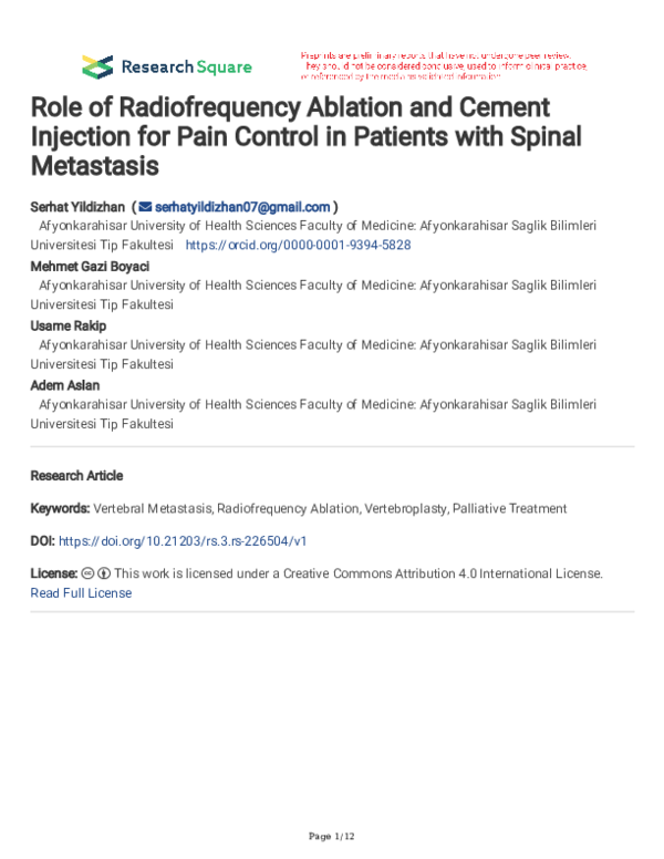 (PDF) Role of Radiofrequency Ablation and Cement Injection for Pain ...