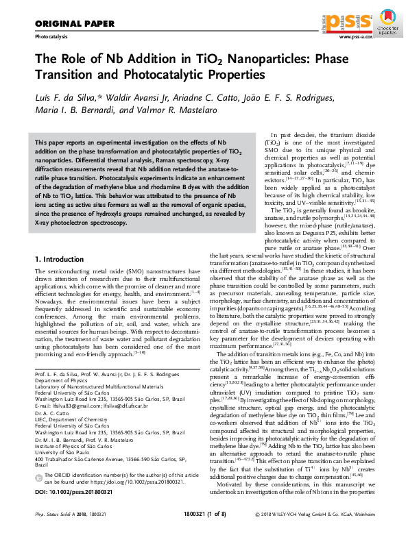 Pdf The Role Of Nb Addition In Tio2 Nanoparticles Phase Transition And Photocatalytic