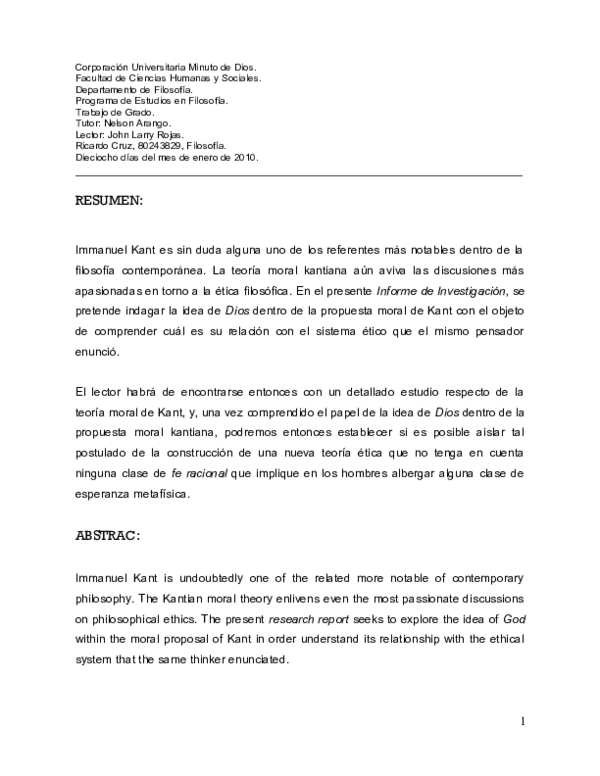 (PDF) El postulado de Dios en Kant & la conexión con su teoría moral