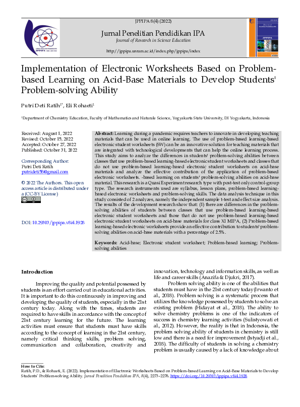 (PDF) Implementation of Electronic Worksheets Based on Problem-based Learning on Acid-Base ...