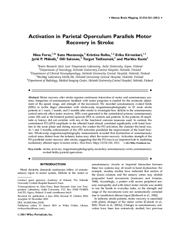 (PDF) Activation in parietal operculum parallels motor recovery in ...