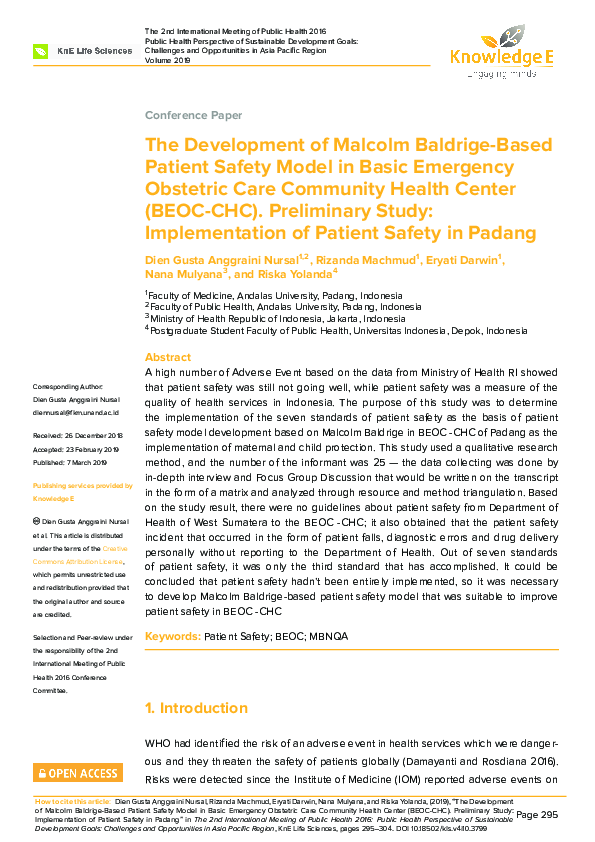 (PDF) The Development of Malcolm Baldrige-Based Patient Safety Model in ...