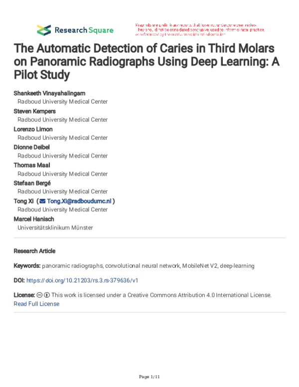 Pdf The Automatic Detection Of Caries In Third Molars On Panoramic Radiographs Using Deep