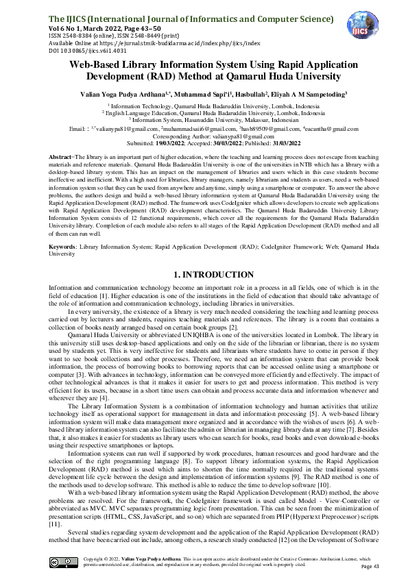 (PDF) Web-Based Library Information System Using Rapid Application Development (RAD) Method at ...