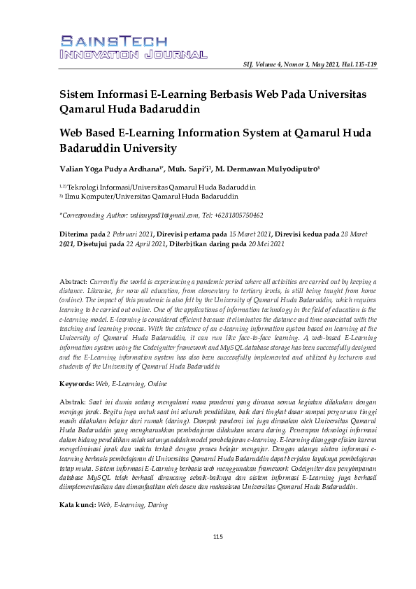 (PDF) Sistem Informasi E-Learning Berbasis Web Pada Universitas Qamarul Huda Badaruddin