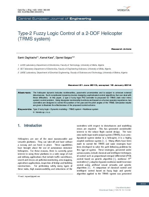 (PDF) Type-2 fuzzy logic control of a 2-DOF helicopter (TRMS system) | Kamel KARA - Academia.edu