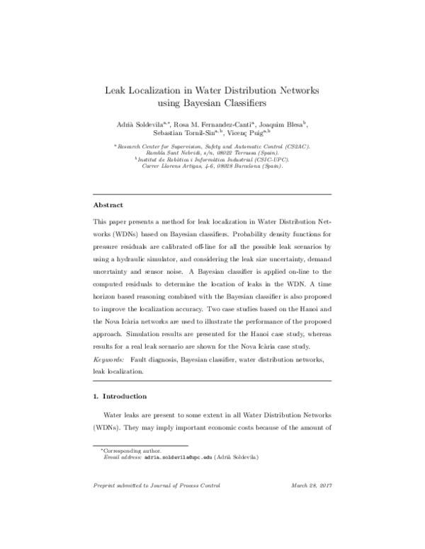 (PDF) Leak localization in water distribution networks using Bayesian classifiers