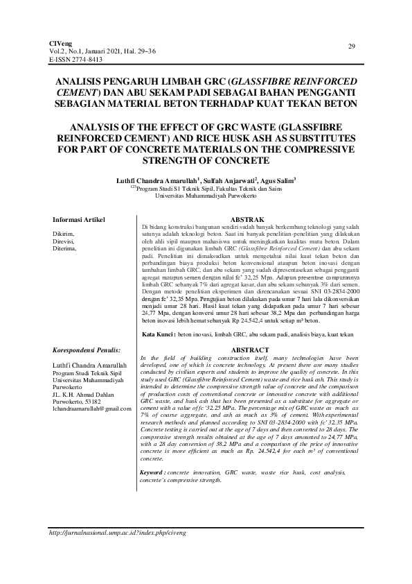 (PDF) Analisis Pengaruh Limbah GRC (Glassfibre Reinforced Cement) Dan Abu Sekam Padi Sebagai ...