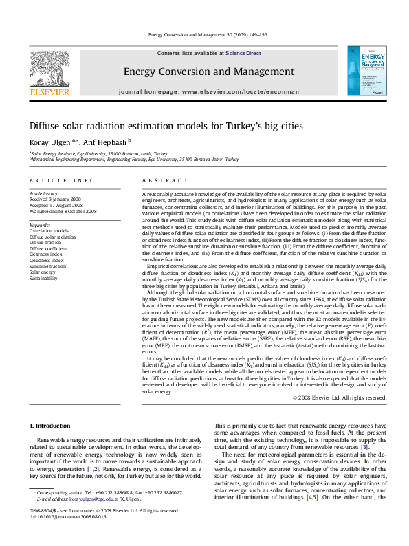 (PDF) Diffuse solar radiation estimation models for Turkey’s big cities