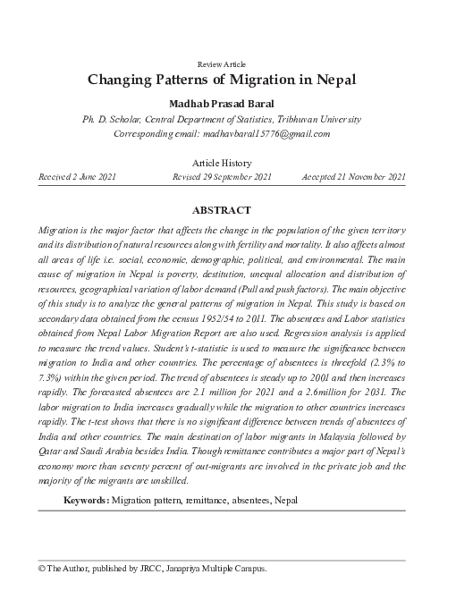 (PDF) Changing Patterns of Migration in Nepal