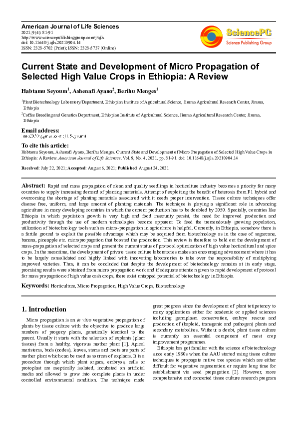 (PDF) Current State and Development of Micro Propagation of Selected High Value Crops in ...