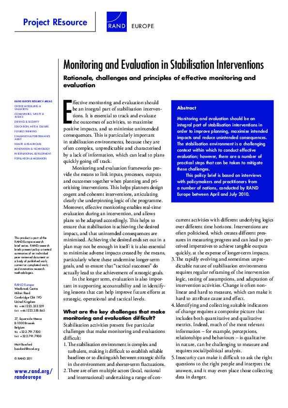 (PDF) Monitoring and Evaluation in Stabilisation Interventions: Rationale, Challenges and ...