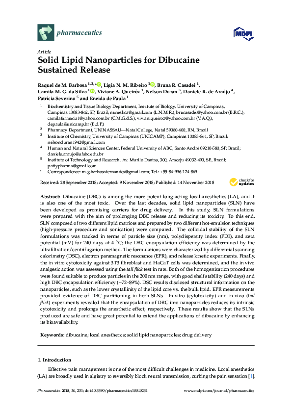 (PDF) Solid Lipid Nanoparticles for Dibucaine Sustained Release