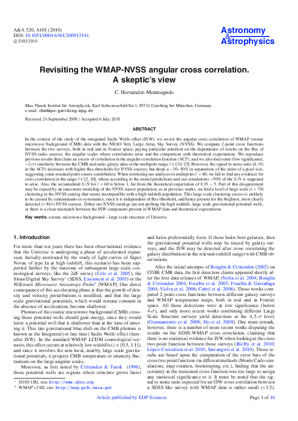 (PDF) Revisiting the WMAP-NVSS angular cross correlation. A skeptic's view