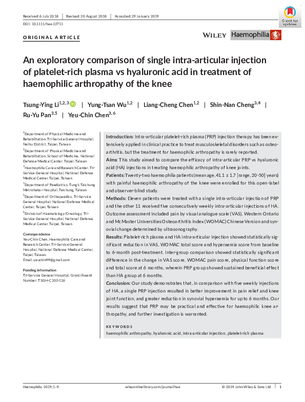(PDF) An exploratory comparison of single intra‐articular injection of platelet‐rich plasma vs ...