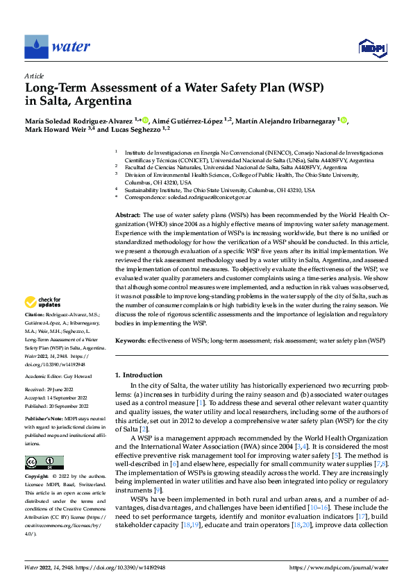 (PDF) Long-Term Assessment of a Water Safety Plan (WSP) in Salta, Argentina