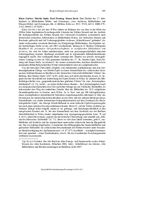 (PDF) Klaus Garber, Martin Opitz, Paul Fleming, Simon Dach. Drei ...