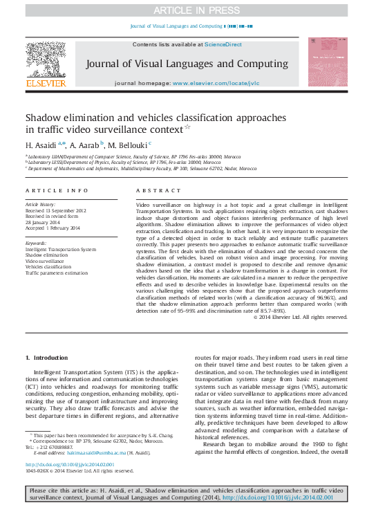 (PDF) Shadow elimination and vehicles classification approaches in traffic video surveillance ...