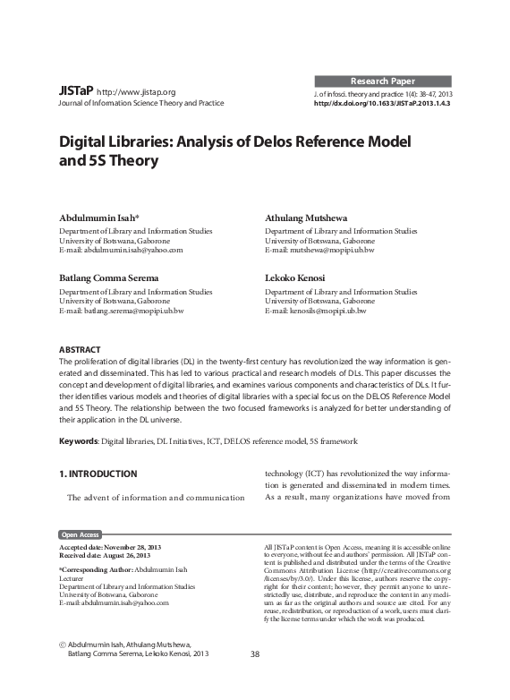 (PDF) Digital Libraries: Analysis of Delos Reference Model and 5S ...
