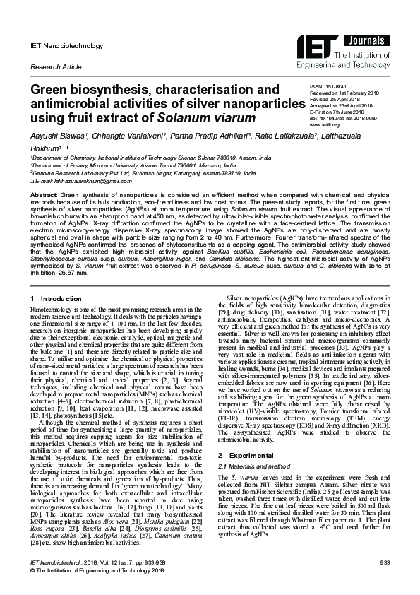 (PDF) Green biosynthesis, characterisation and antimicrobial activities of silver nanoparticles ...