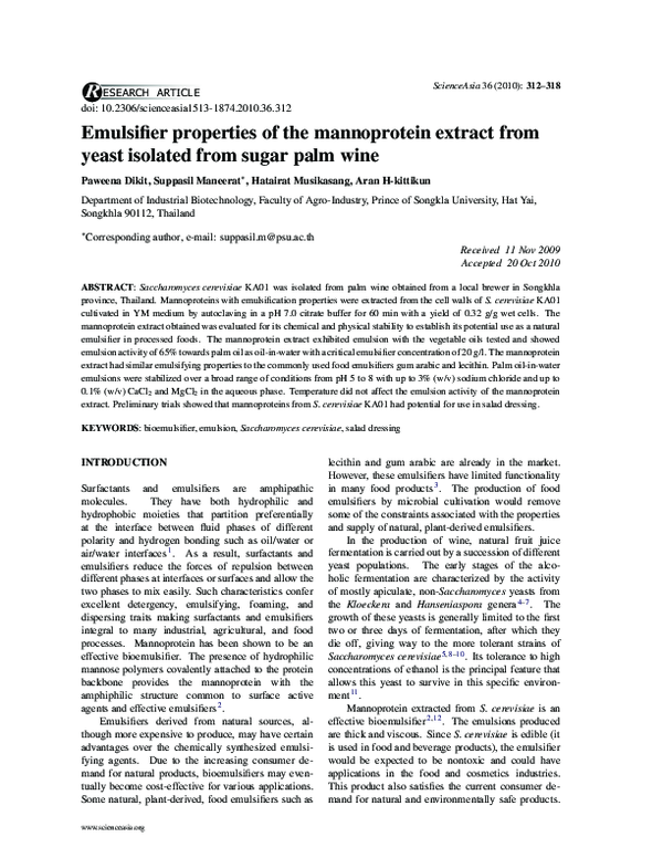 (PDF) Emulsifier properties of the mannoprotein extract from yeast ...