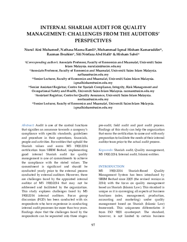 (PDF) Internal Shariah Audit for Quality Management: Challenges from ...