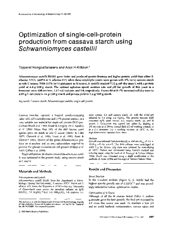(PDF) Optimization of single-cell-protein production from cassava starch using Schwanniomyces ...