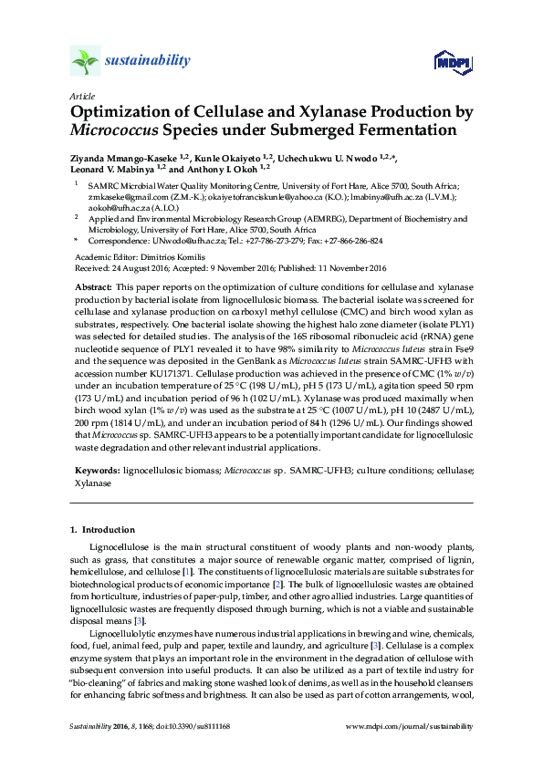 (PDF) Optimization of Cellulase and Xylanase Productions by Streptomyces thermocoprophilus TC13W ...