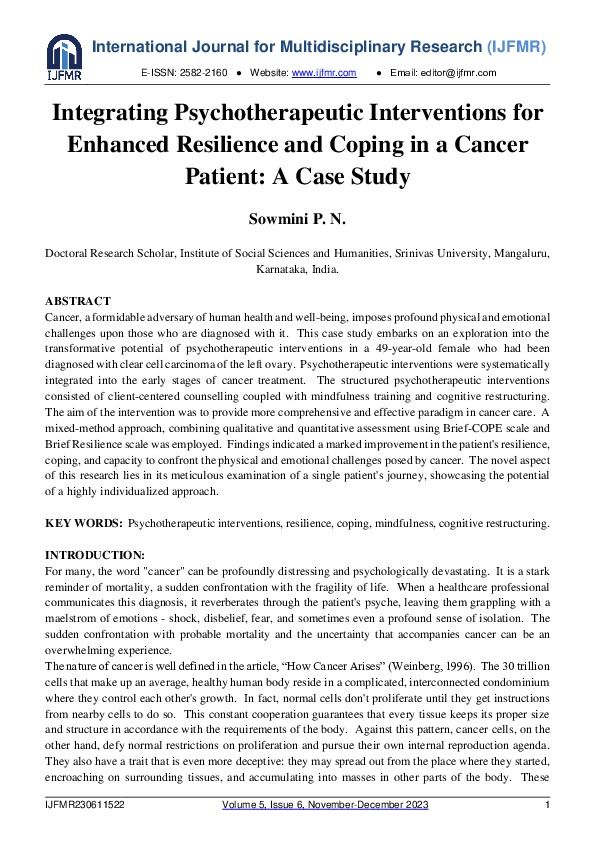 (PDF) Integrating Psychotherapeutic Interventions for Enhanced Resilience and Coping in a Cancer ...