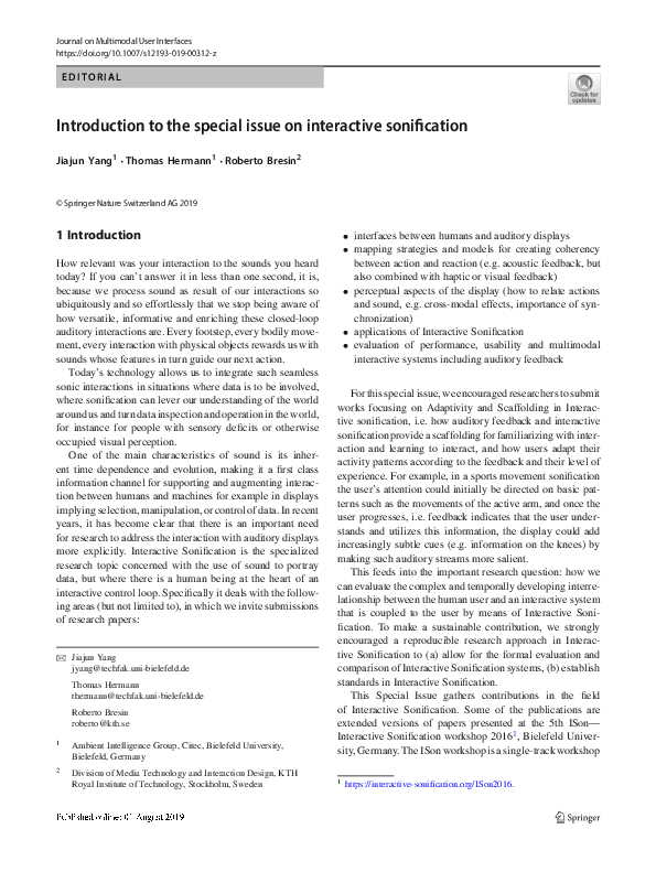 (PDF) Introduction to the special issue on interactive sonification