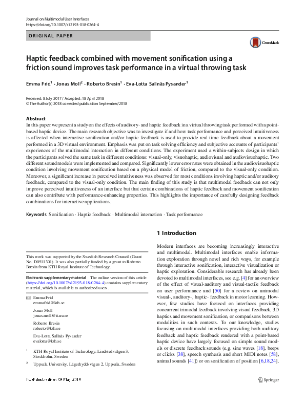 (PDF) Haptic feedback combined with movement sonification using a friction sound improves task ...
