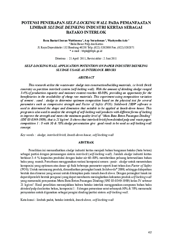 (PDF) Potensi Penerapan Self-Locking Wall Pada Pemanfaatan Limbah Sludge Deinking Industri ...