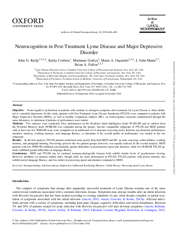 (PDF) Neurocognition in Post-Treatment Lyme Disease and Major ...