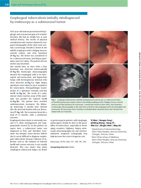 (PDF) Esophageal tuberculosis initially misdiagnosed by endoscopy as a ...
