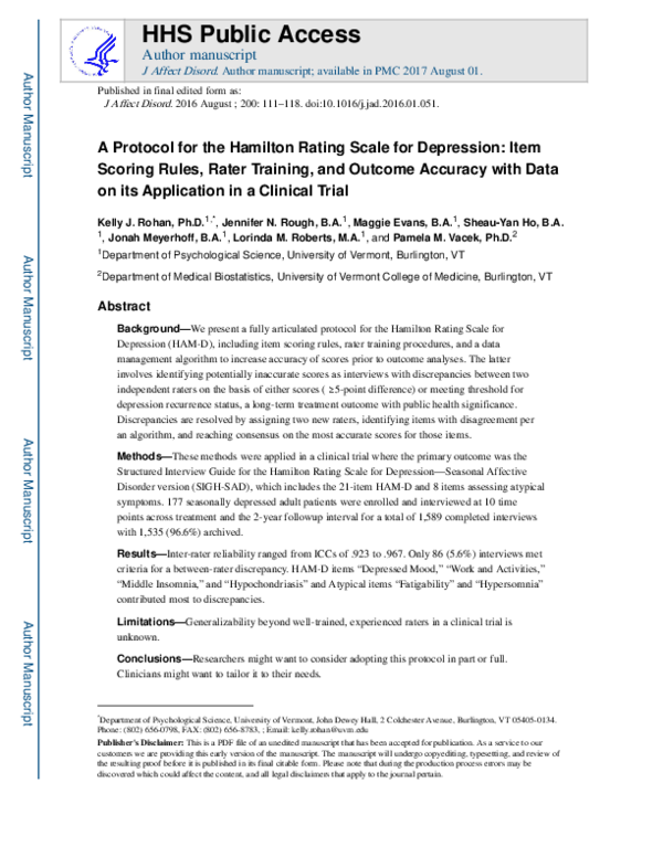 (PDF) A protocol for the Hamilton Rating Scale for Depression: Item ...