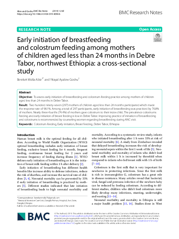 (PDF) Early initiation of breastfeeding and colostrum feeding among ...