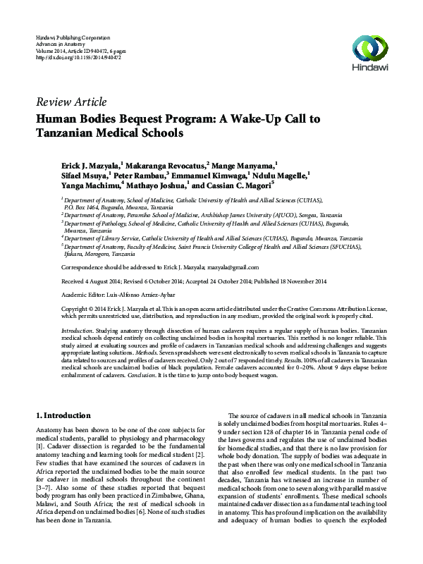 (PDF) Human Bodies Bequest Program: A Wake-Up Call to Tanzanian Medical ...