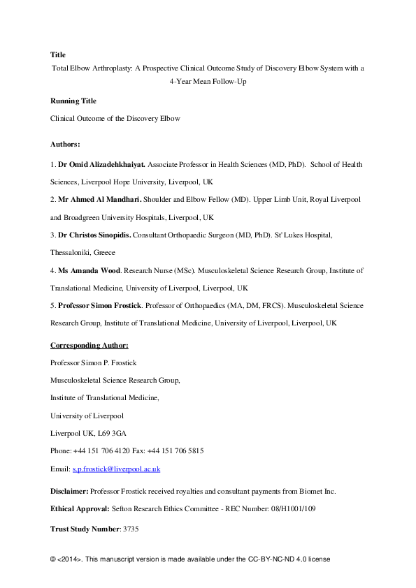 (PDF) Responsiveness of the Liverpool Elbow Score in elbow arthroplasty