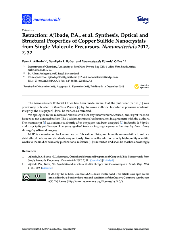 (PDF) Retraction: Ajibade, P.A., et al. Synthesis, Optical and ... (PDF) Retraction: Ajibade, P.A., et al. Synthesis, Optical and ...