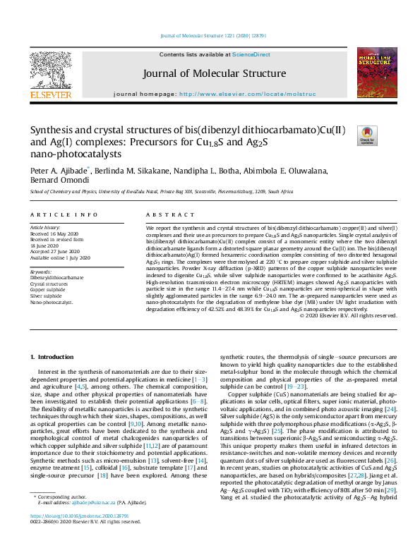 (PDF) Synthesis and crystal structures of bis(dibenzyl dithiocarbamato ...