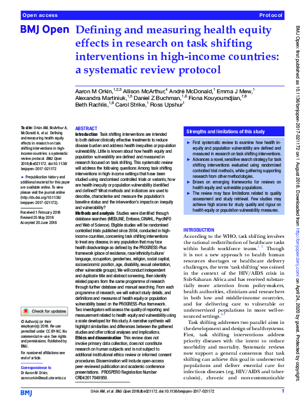 (PDF) Defining and measuring health equity effects in research on task shifting interventions in ...
