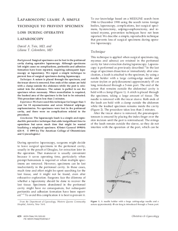 (PDF) Laparoscopic leash: a simple technique to prevent specimen loss ...